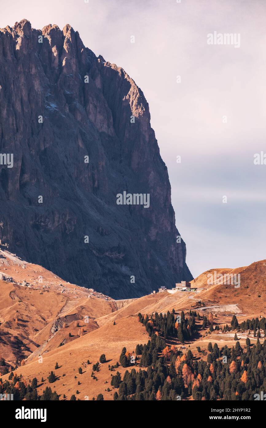Sella Towers peak in Dolomites. Colorful Dolomites landscape view from ...