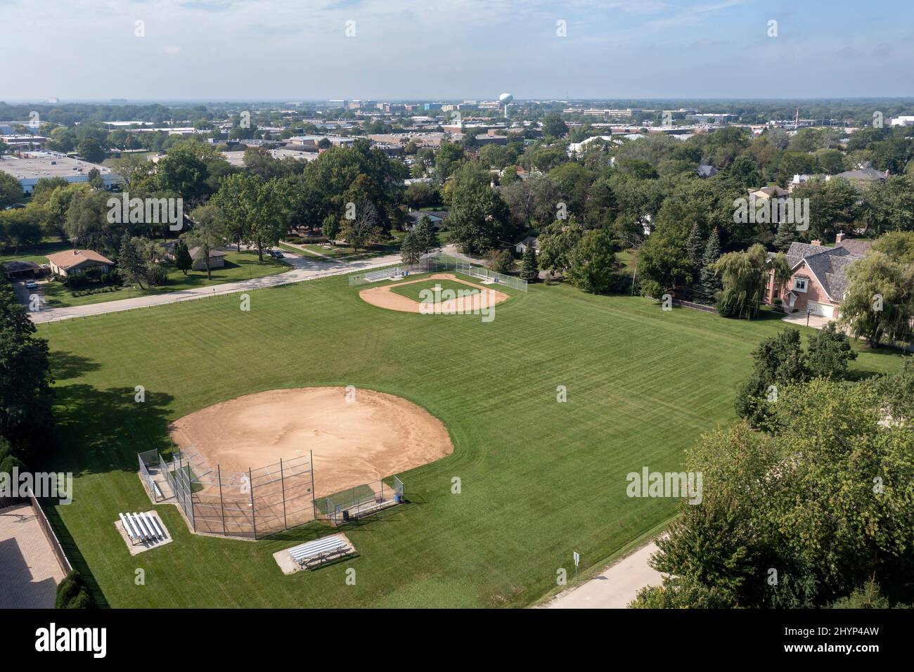 Aerial view of basebal fields near a suburban residential neighborhood ...