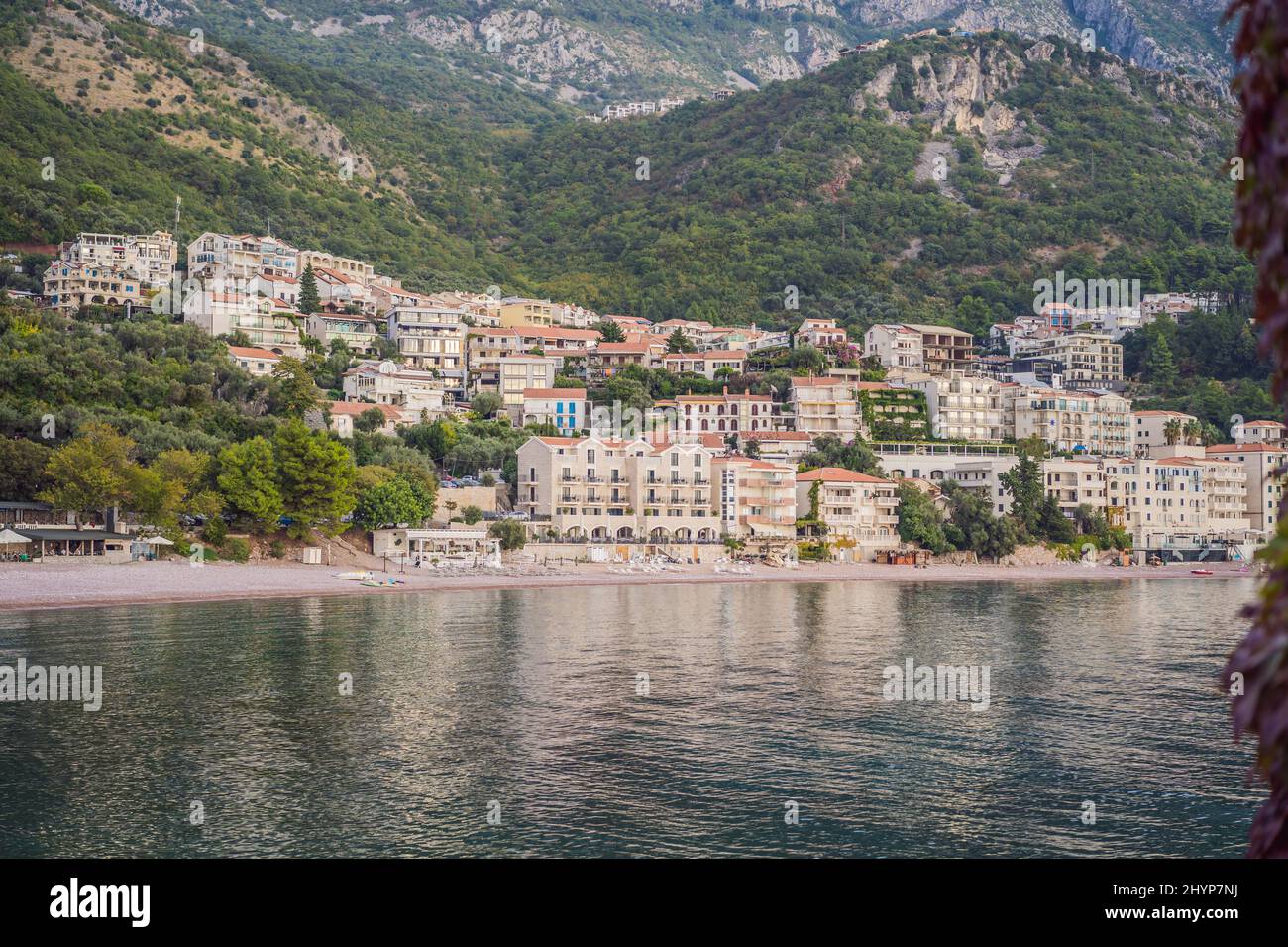 Sveti Stefan beach in sunny summer day, Budva, Montenegro Stock Photo ...
