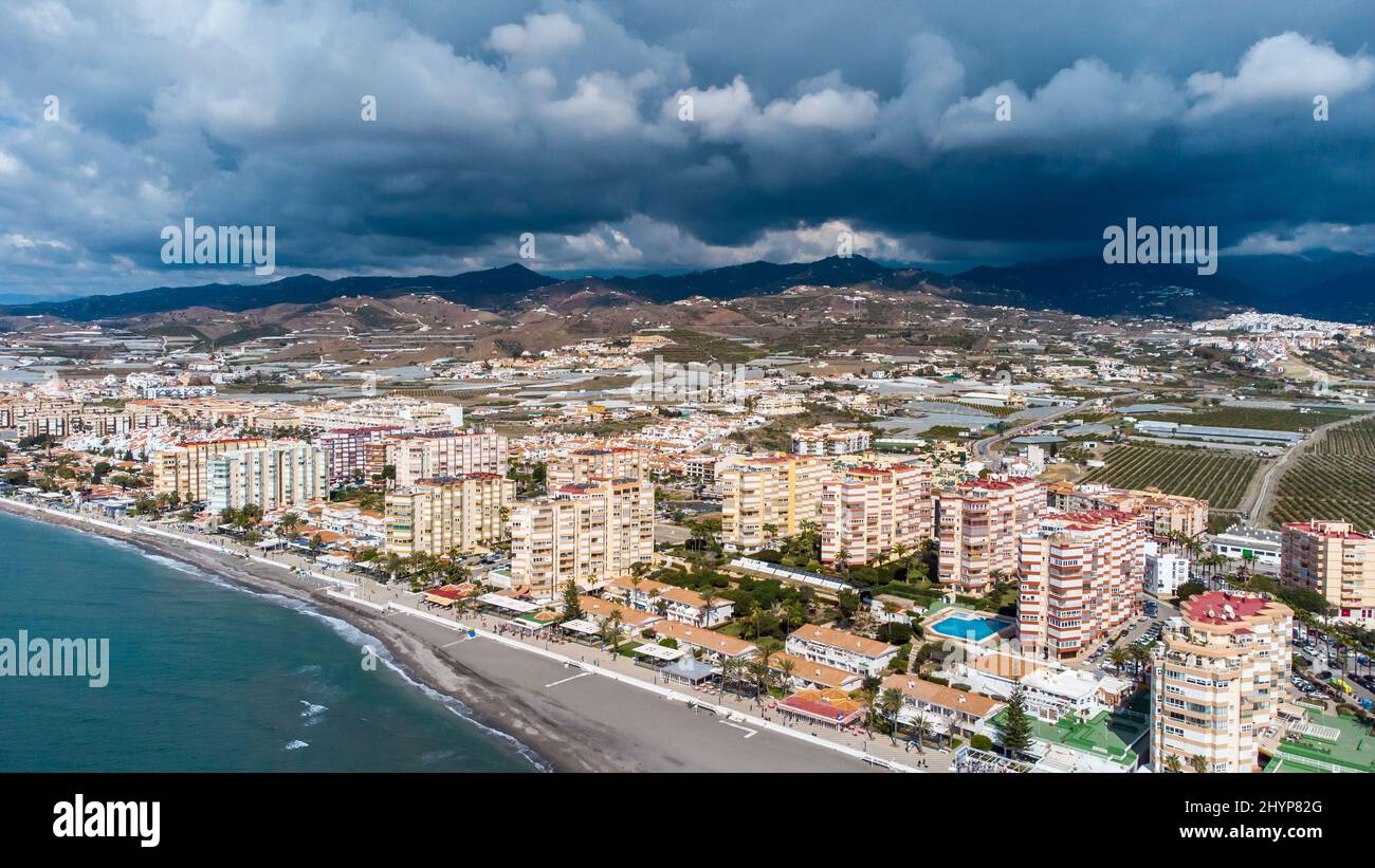 Drone perspective of costal city of Torrox situated in Malaga, Costa ...