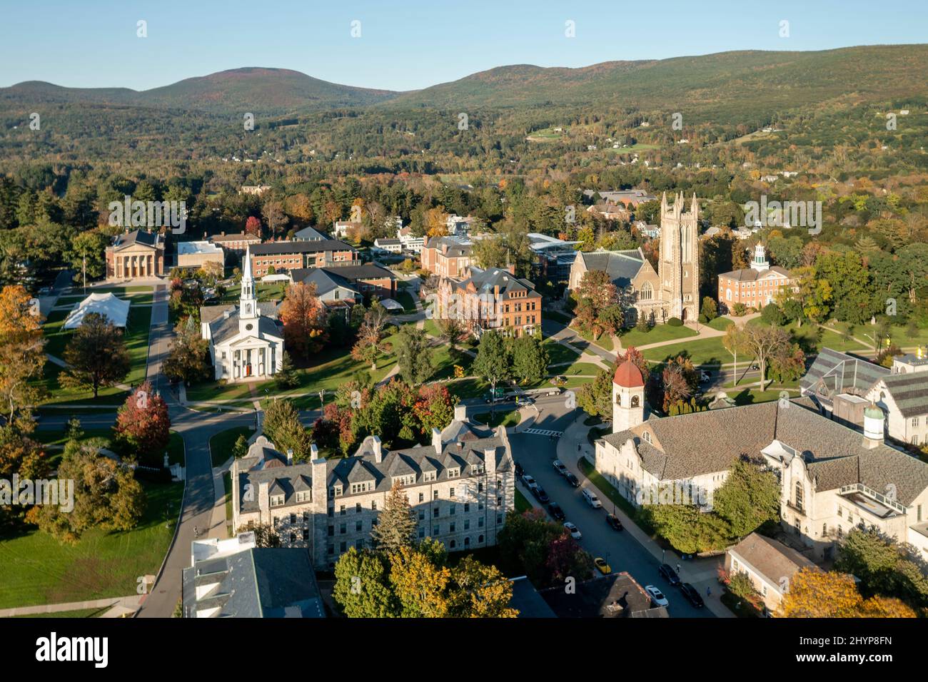 Aerial view of the Thompson Memorial Chapel and the campus of Williams ...