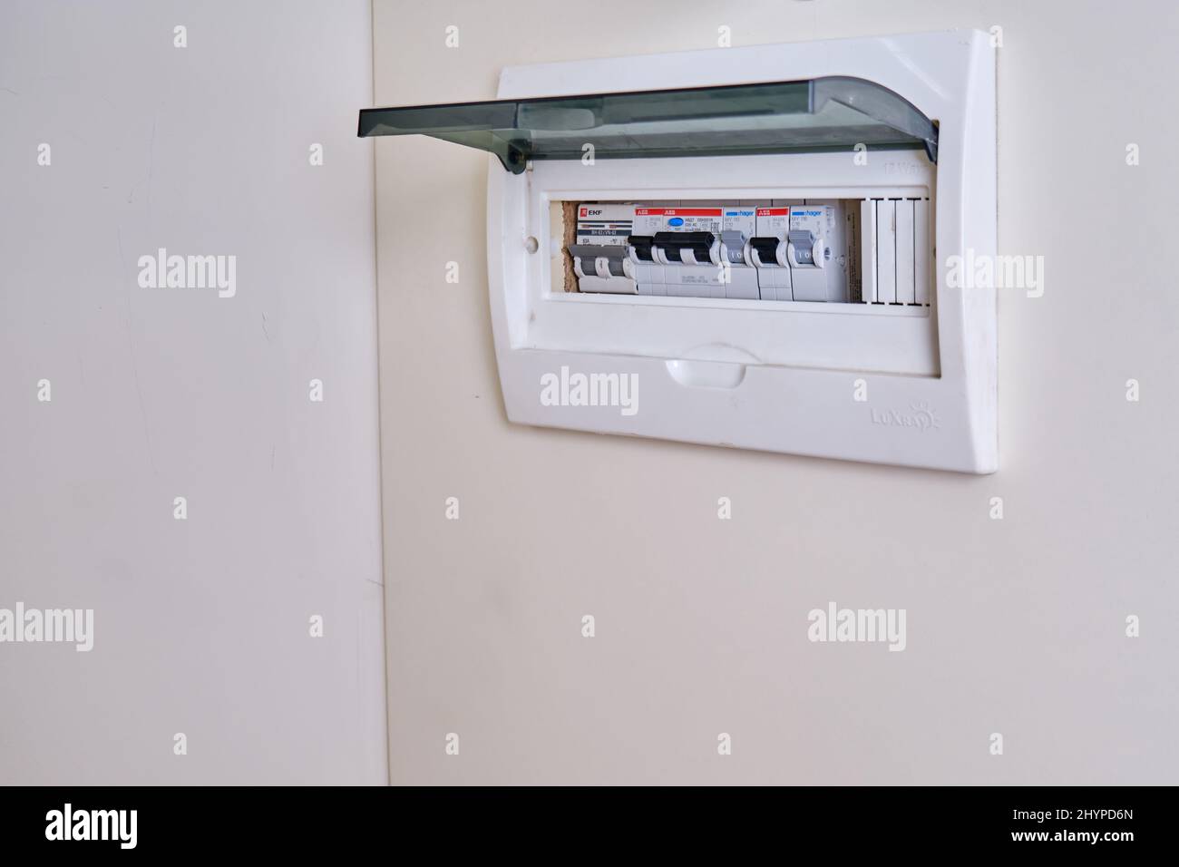 Automatic fuse ABB, EKF, Hager in a home electrical panel. Electricity ...