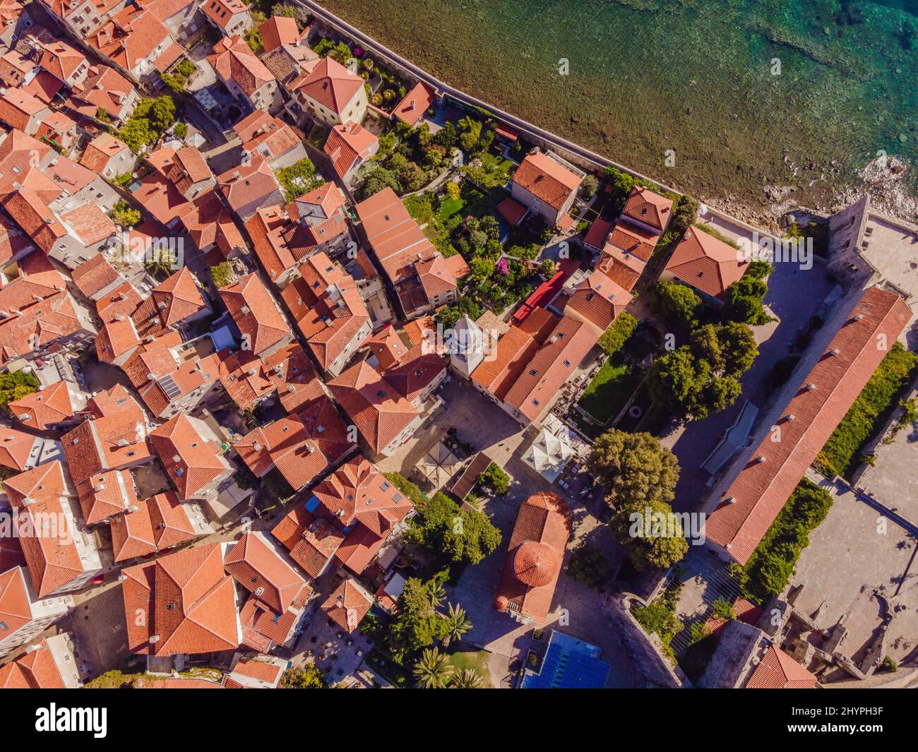 Old town in Budva in a beautiful summer day, Montenegro. Aerial image ...