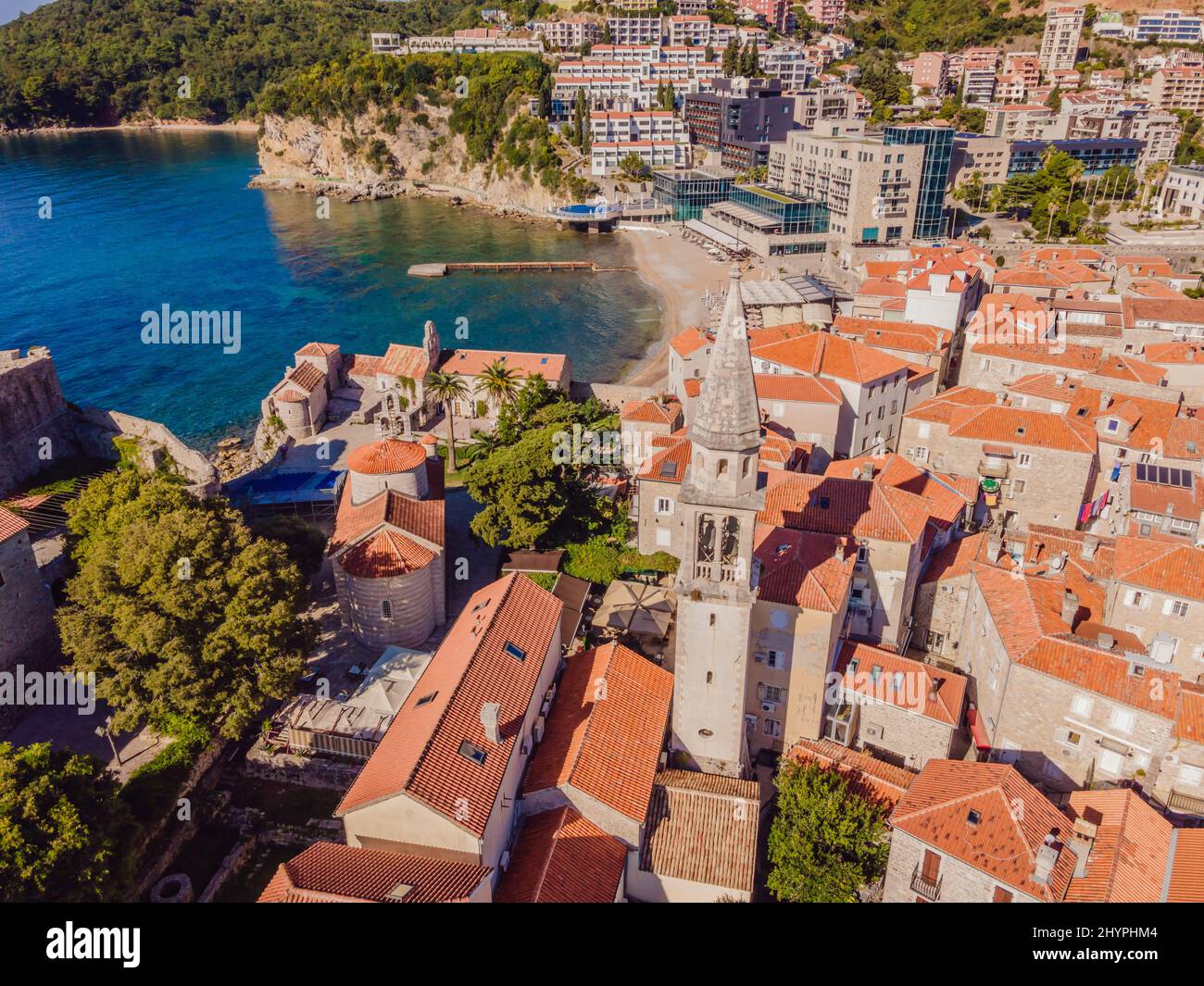 Old town in Budva in a beautiful summer day, Montenegro. Aerial image ...