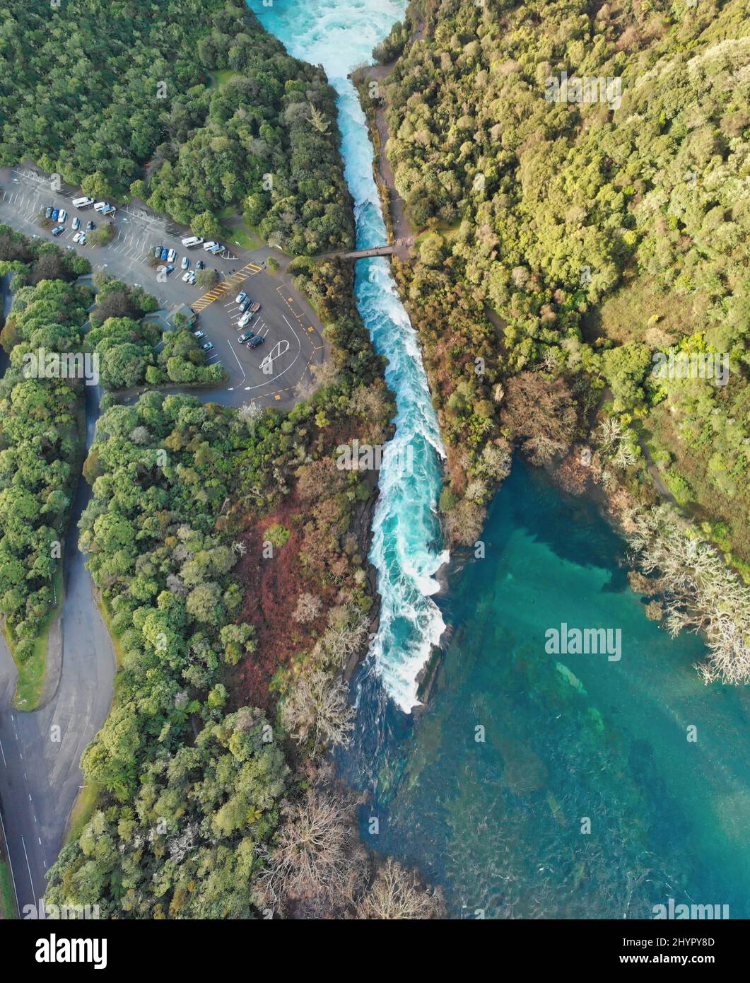 Huka Falls, New Zealand. Panoramic aerial view of beautiful waterfalls ...