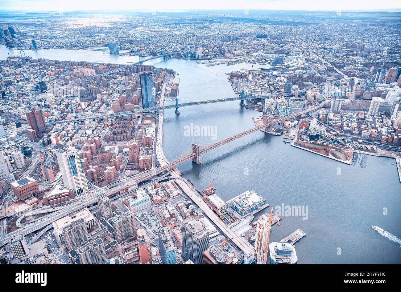 New York City from helicopter point of view. Brooklyn, Manhattan and ...