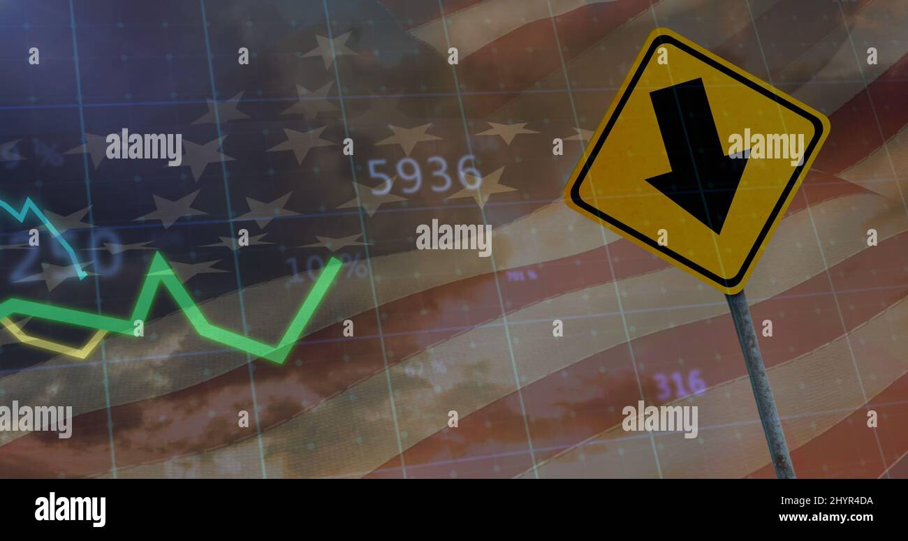 Image of financial data processing over road sign and flag of usa Stock ...