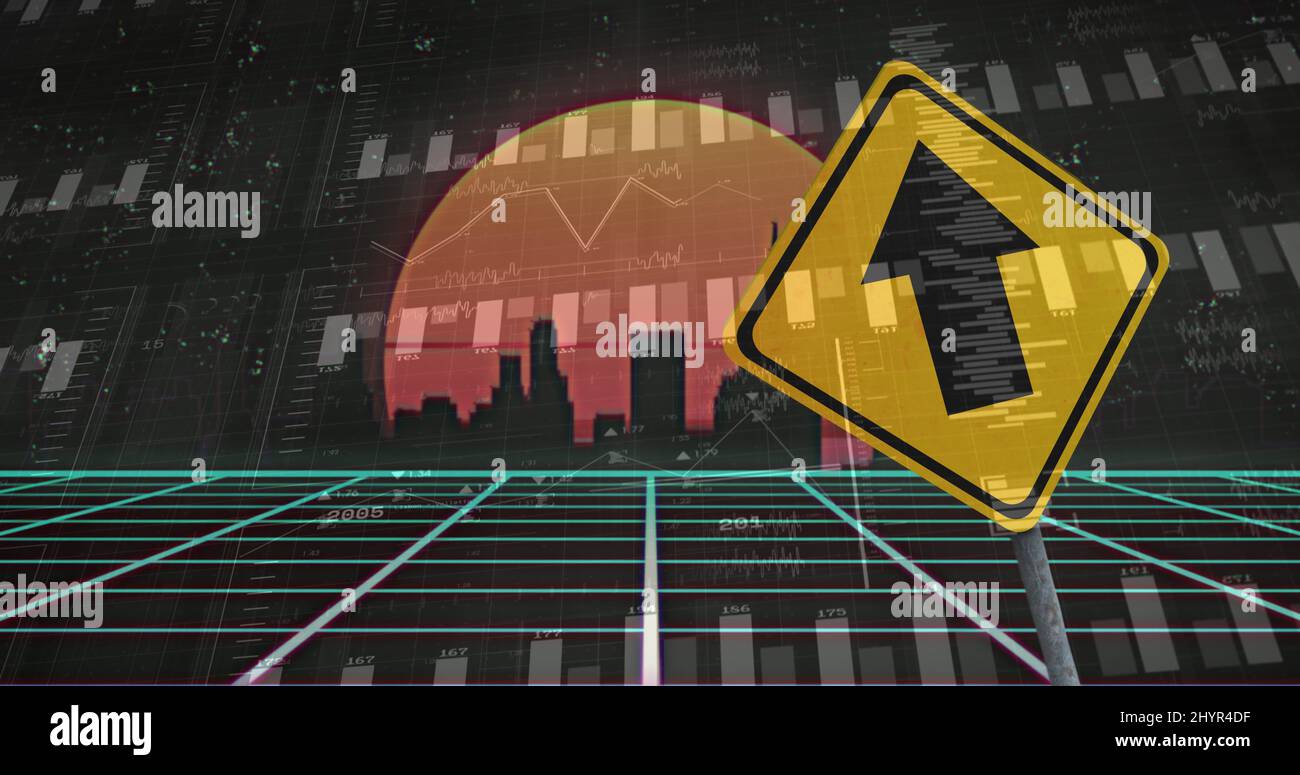 Image of financial data processing and road sign over cityscape Stock ...