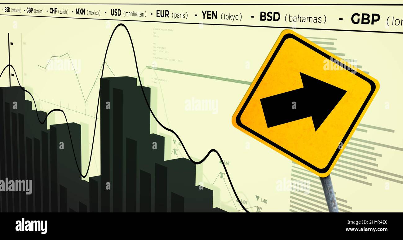 Image of financial data processing and road sign over yellow background ...