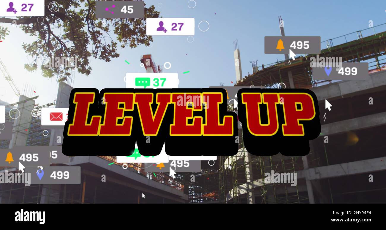 Image of level up text and numbers growing over cityscape Stock Photo ...