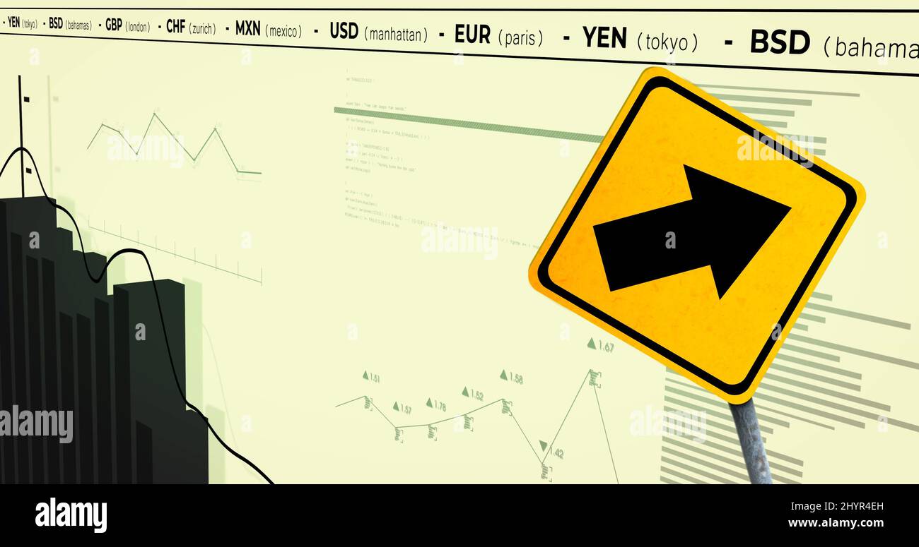 Image of financial data processing and road sign over yellow background ...