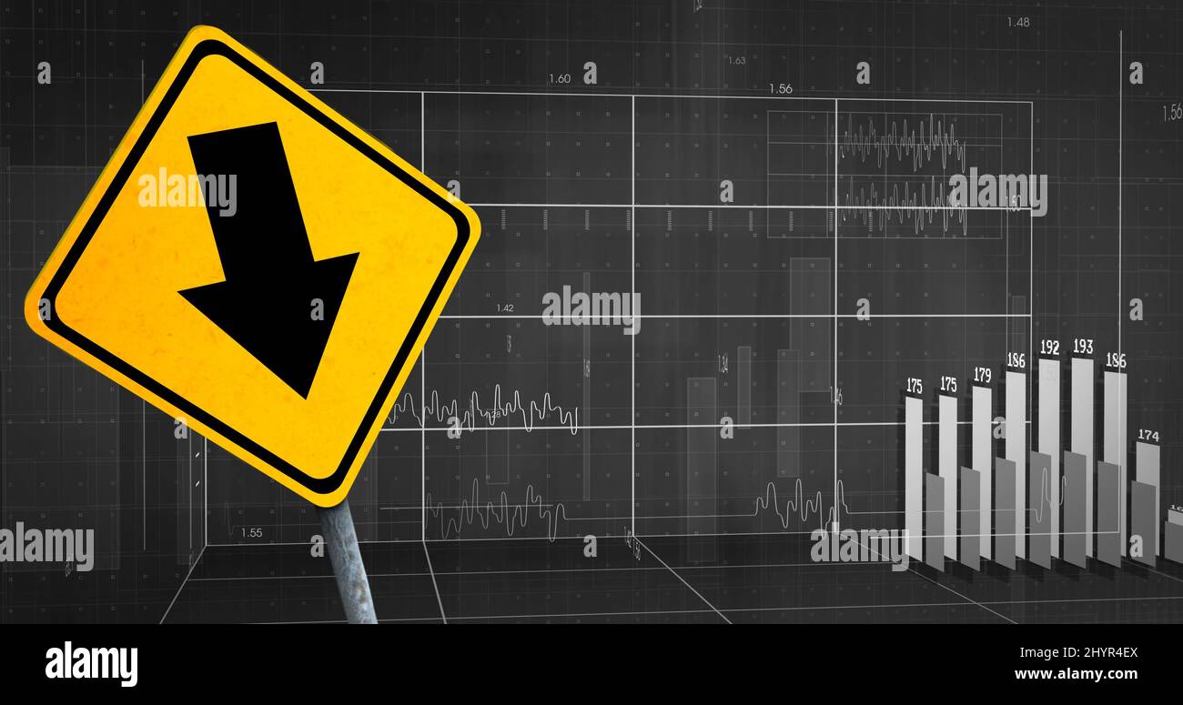 Image of financial data processing and road sign over black background ...
