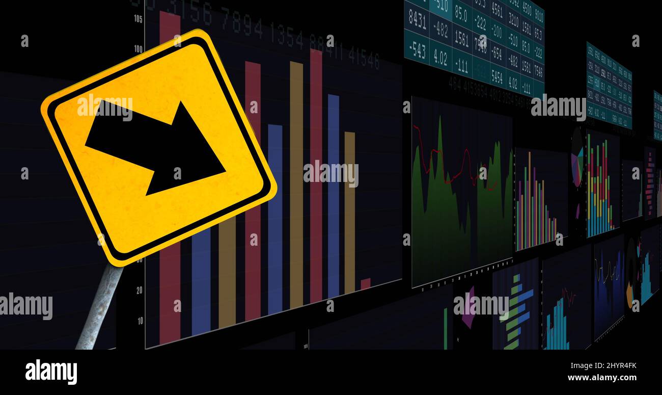 Image of financial data processing and road sign over black background ...