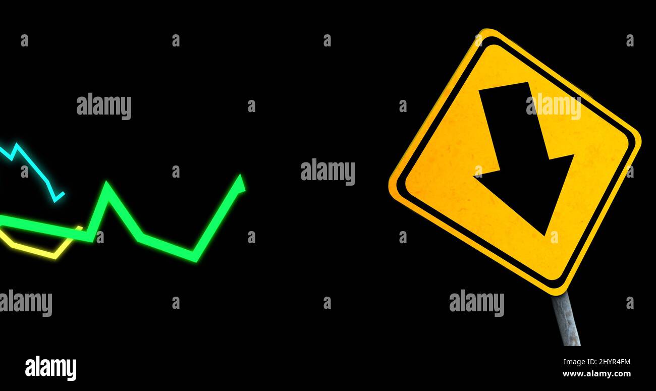 Image of financial data processing and road sign over black background ...