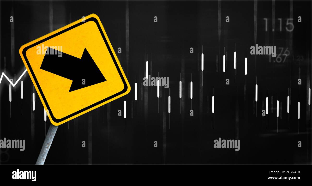 Image of financial data processing and road sign over black background ...