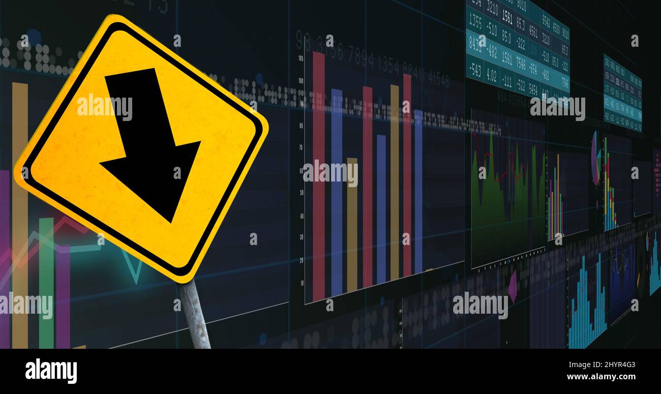 Image of financial data processing and road sign over black background ...