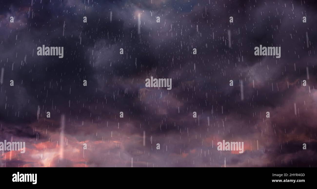 Image of heavy rain falling over lightning and stormy clouds background ...