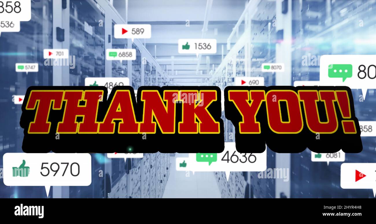 Image of thank you text and numbers growing over server room Stock ...
