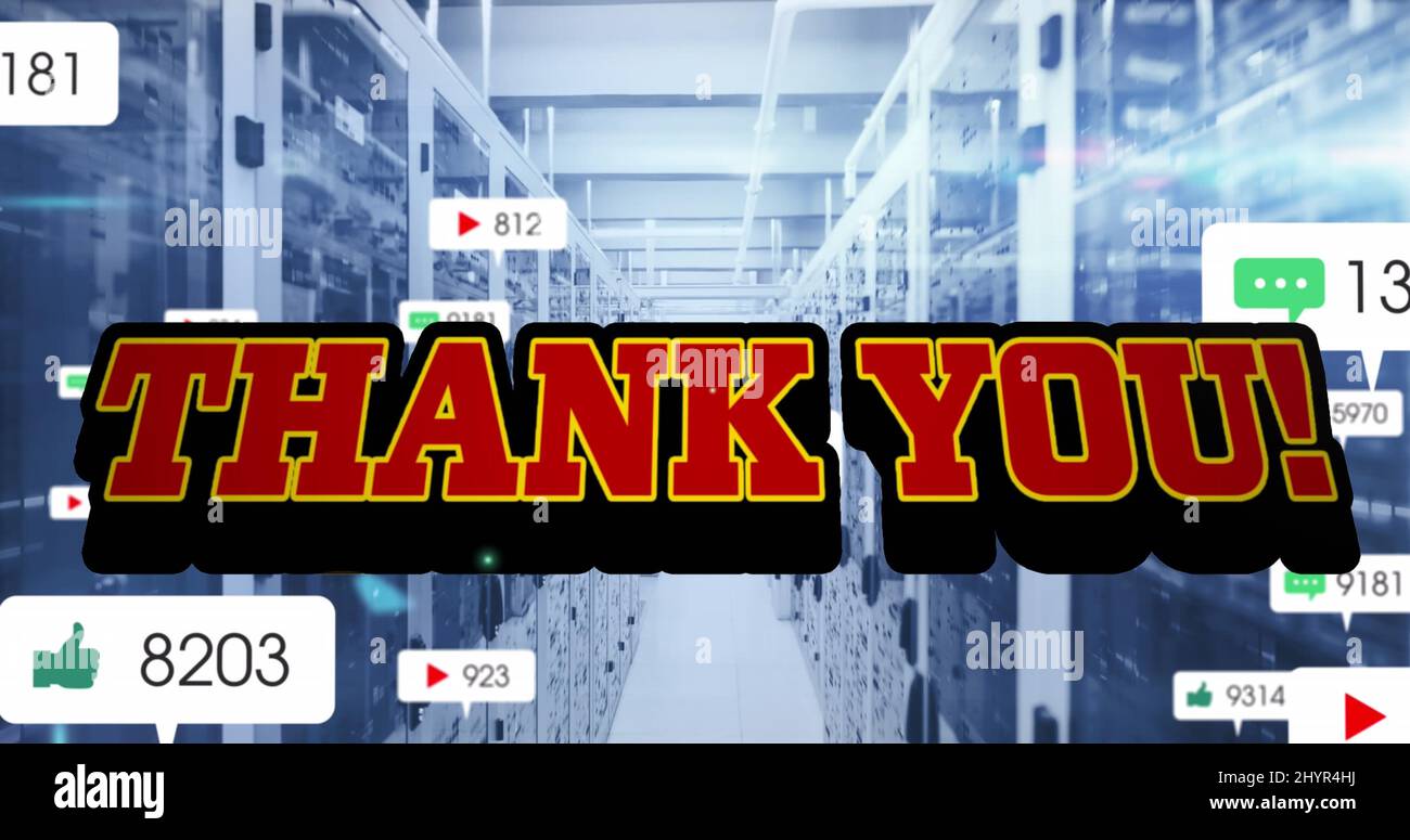 Image of thank you text and numbers growing over server room Stock ...