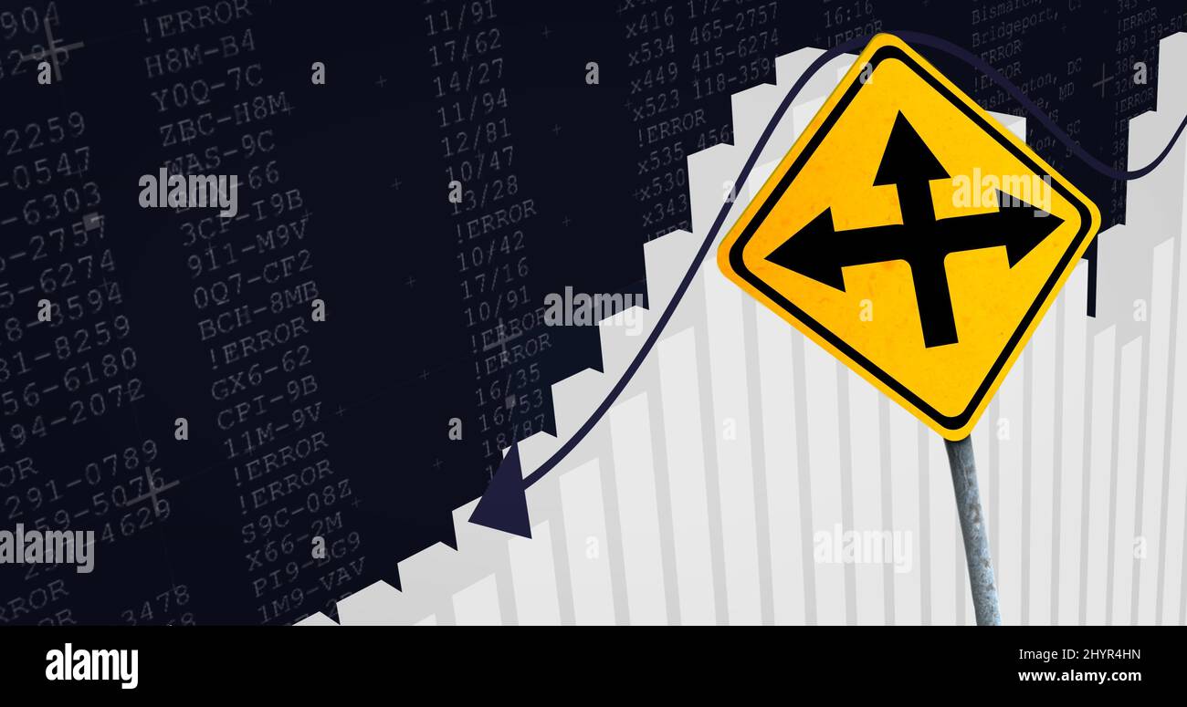 Image of financial data processing and road sign over black background ...