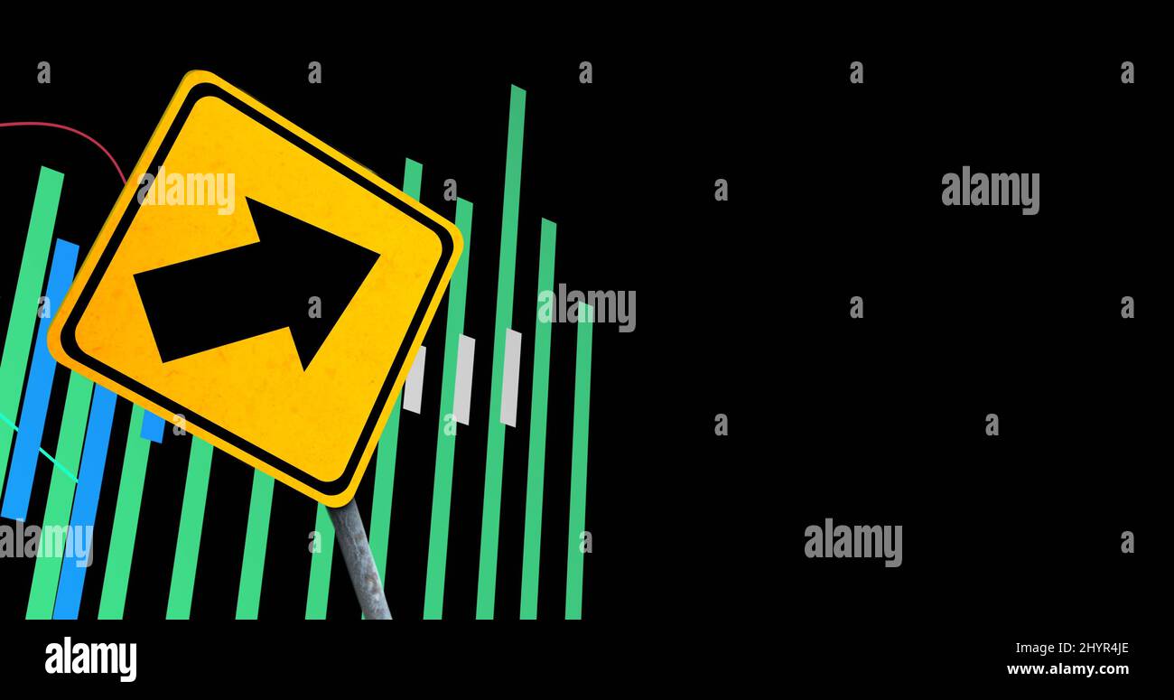 Image of financial data processing and road sign over black background ...