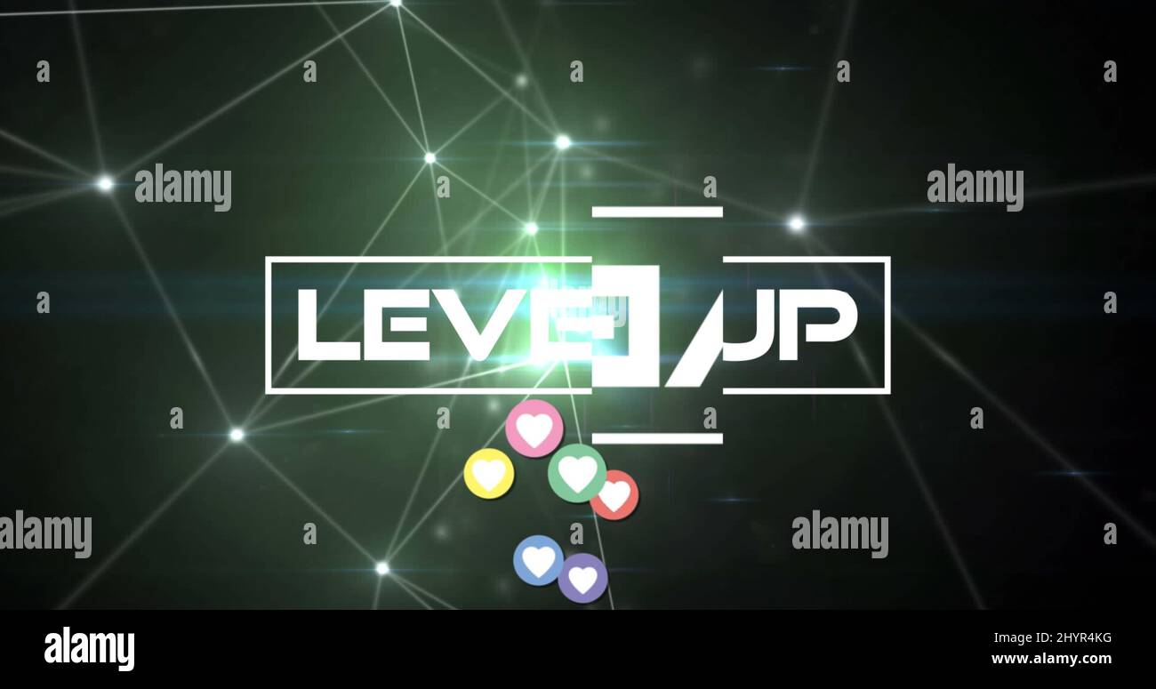 Image of level up text over social media icons and network of ...