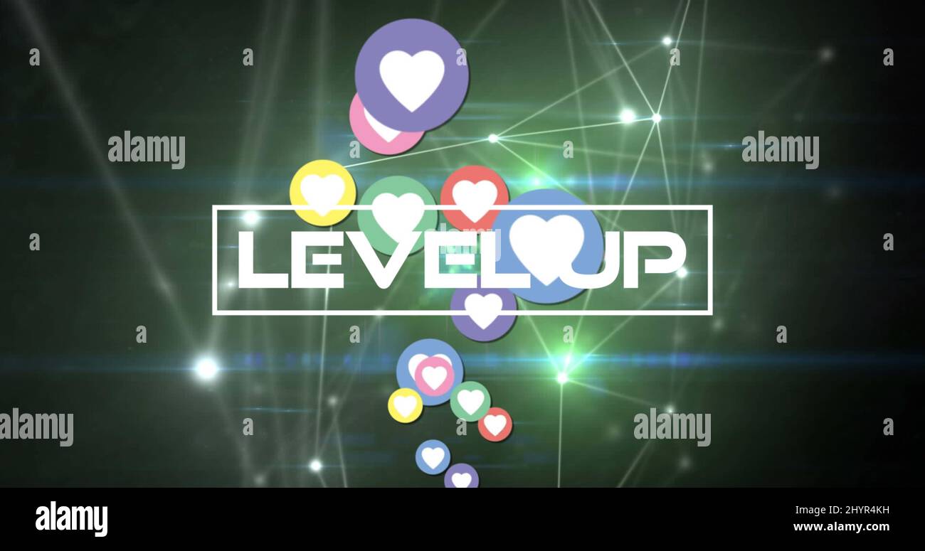 Image of level up text over social media icons and network of ...