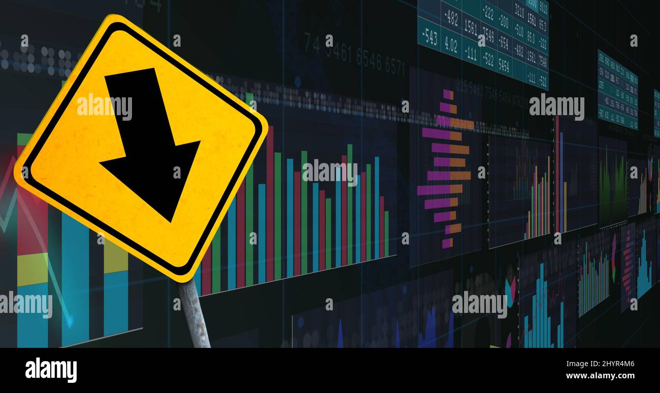 Image of financial data processing and road sign over black background ...