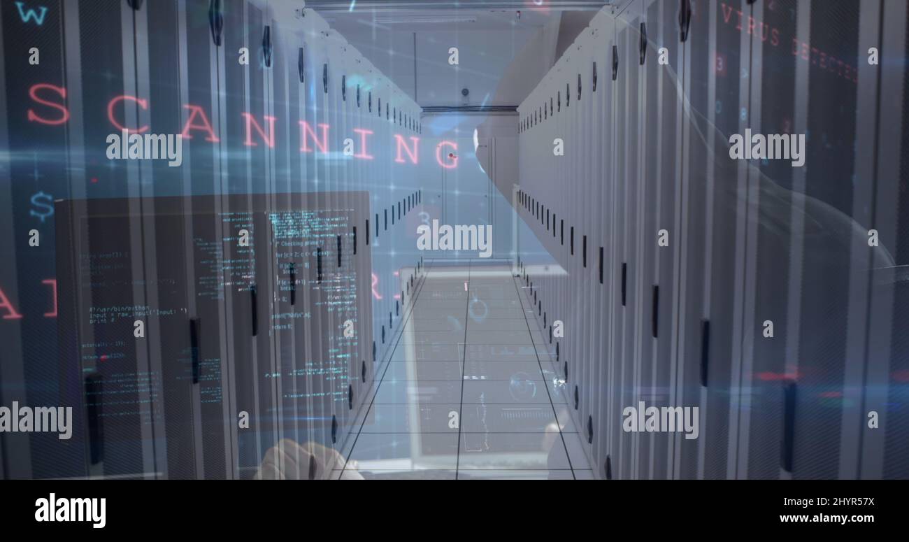 Image of cyber attack warning over hacker in server room Stock Photo - Alamy