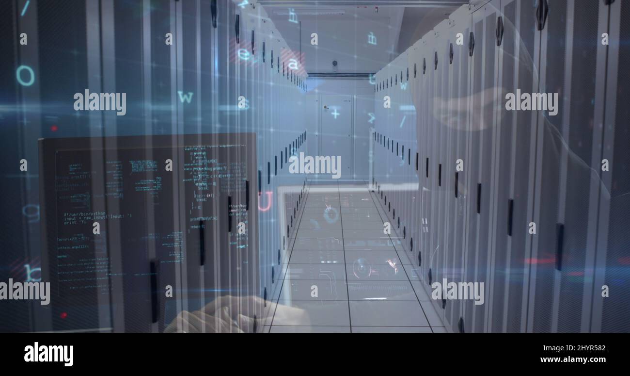 Image of cyber attack warning over hacker in server room Stock Photo ...