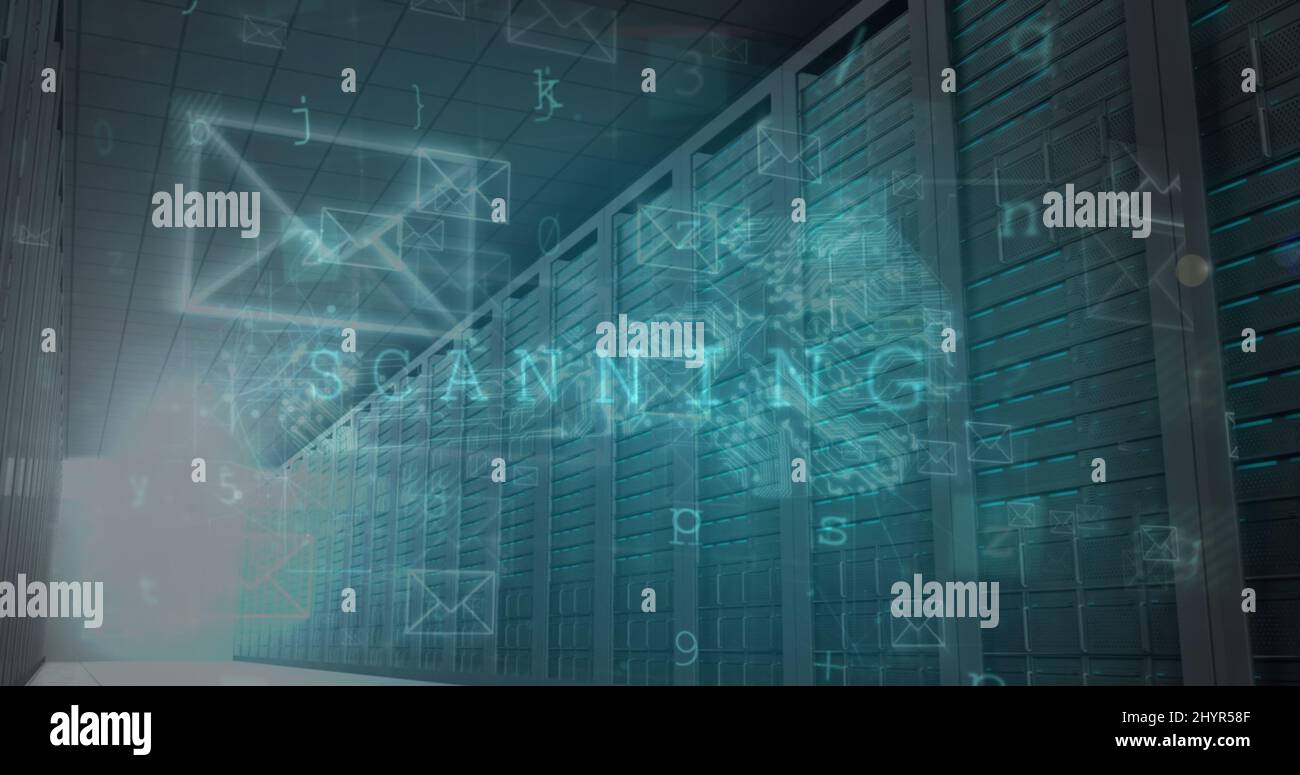 Image of cyber attack warning text, envelopes and numbers processing over computer servers Stock ...