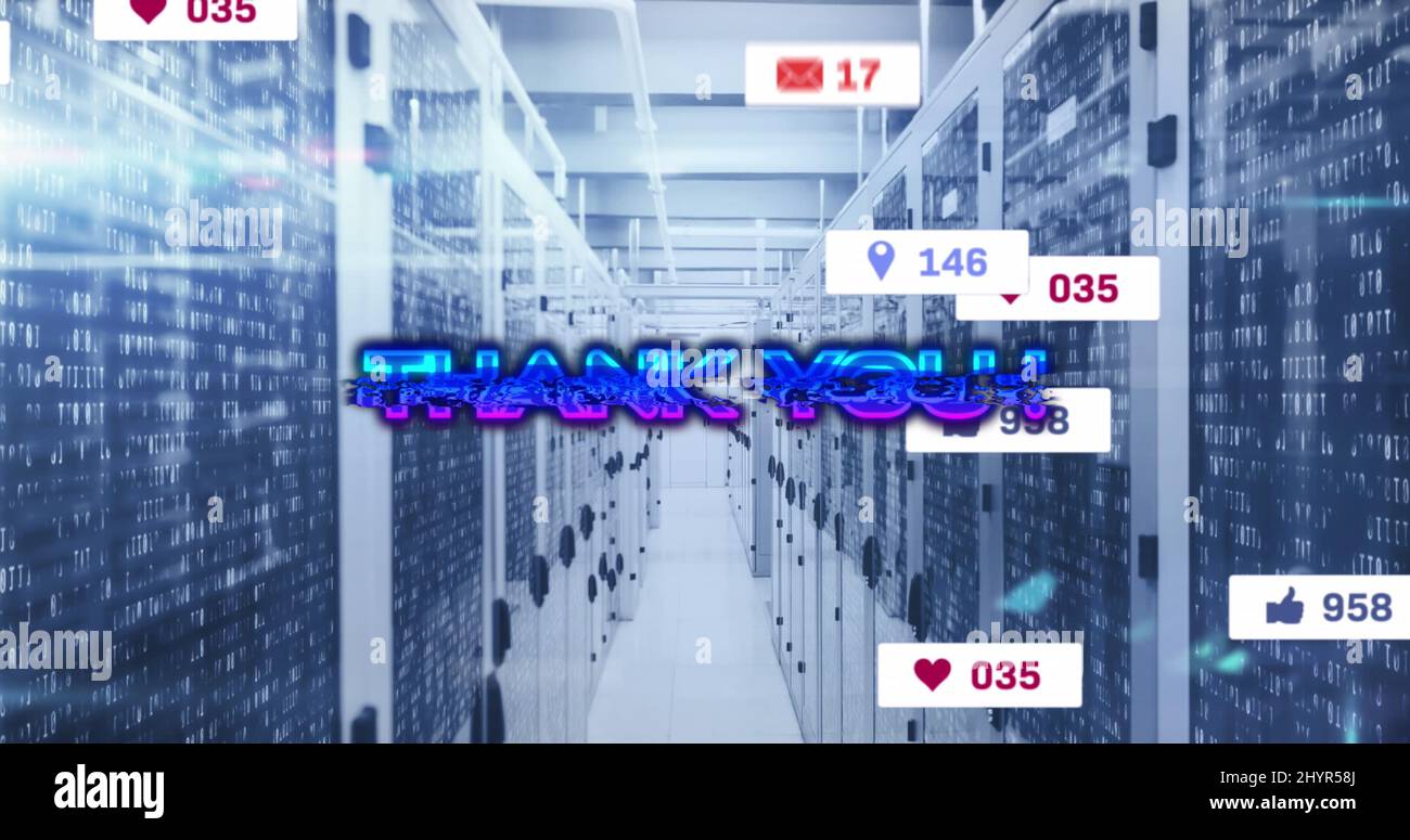 Image of thank you text and numbers growing over server room Stock ...
