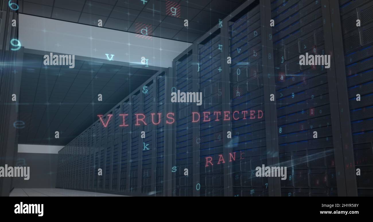 Image of cyber attack warning with letters and numbers over server room ...