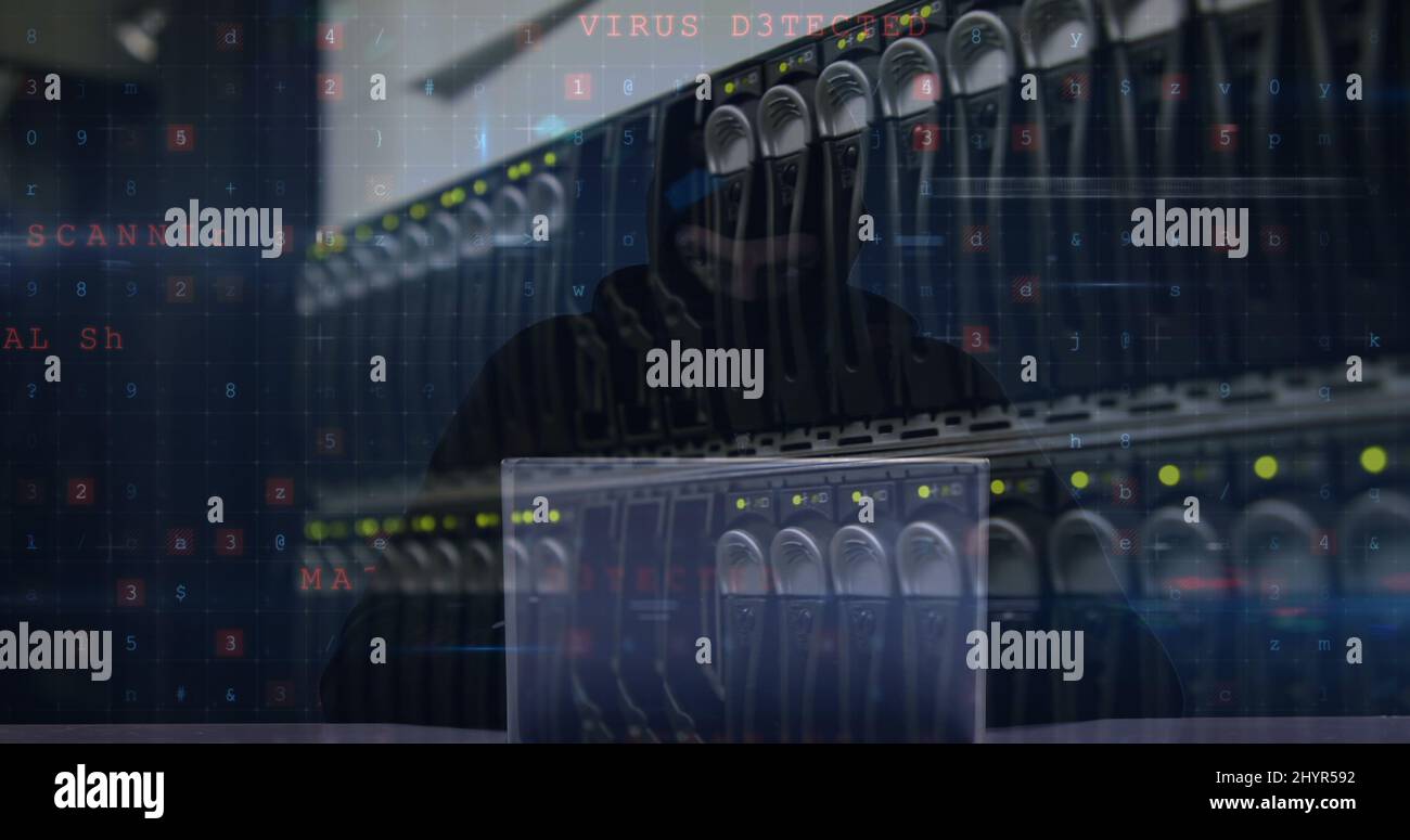 Image of cyberattack over server room and hacker using laptop Stock ...