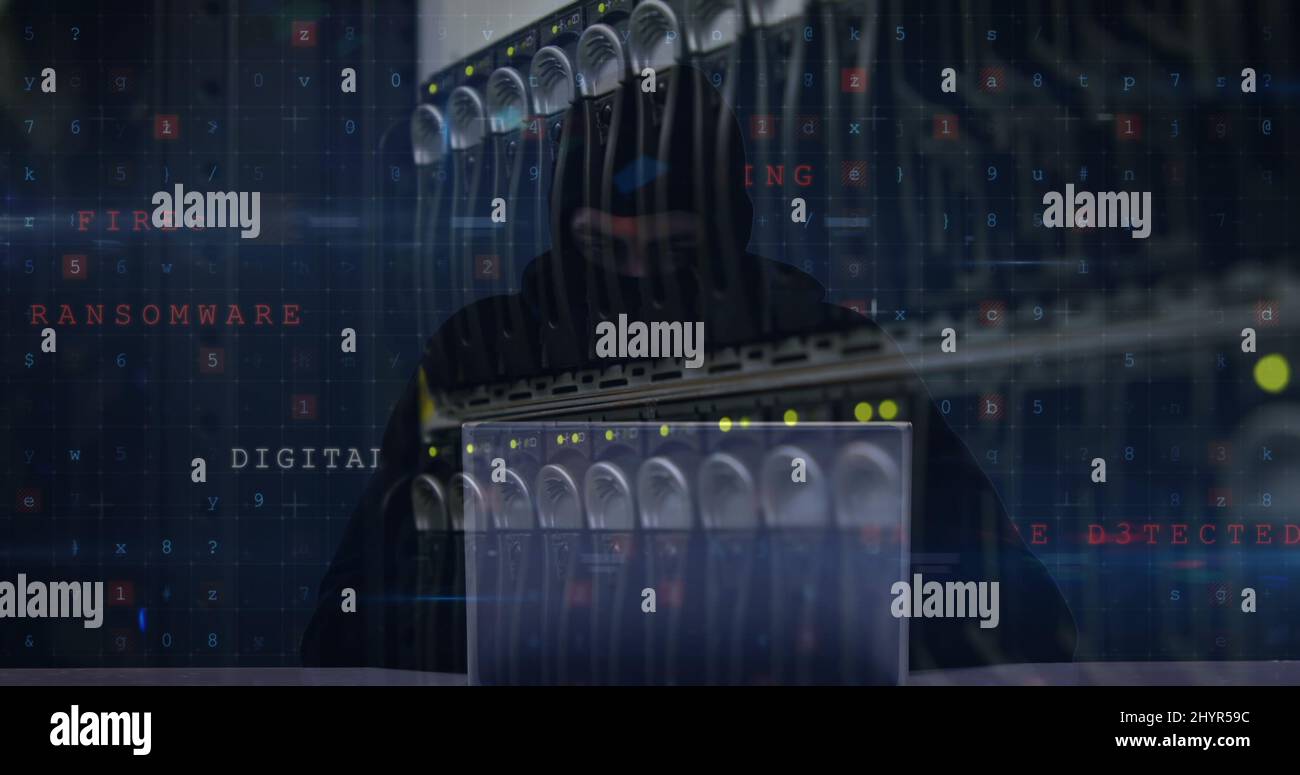 Image of cyberattack over server room and hacker using laptop Stock ...