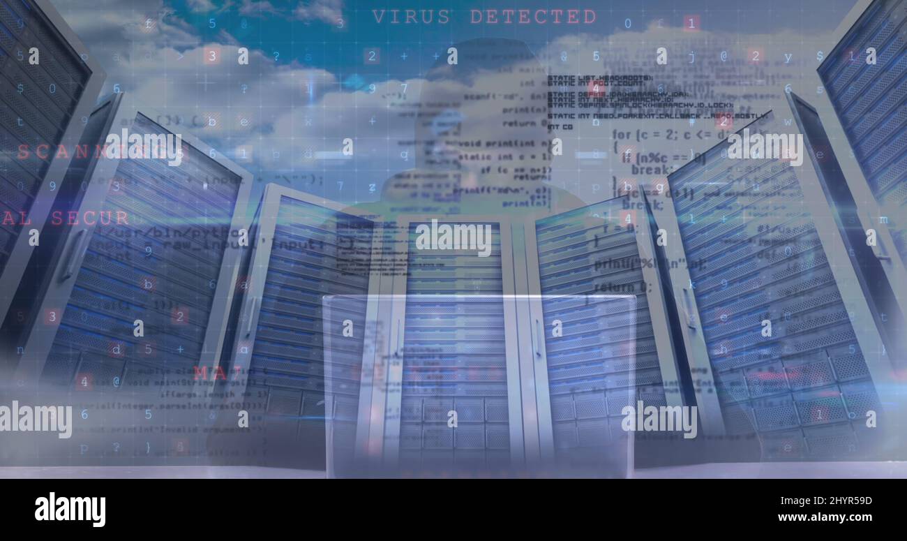 Image of cyber attack warning over hacker in server room Stock Photo ...