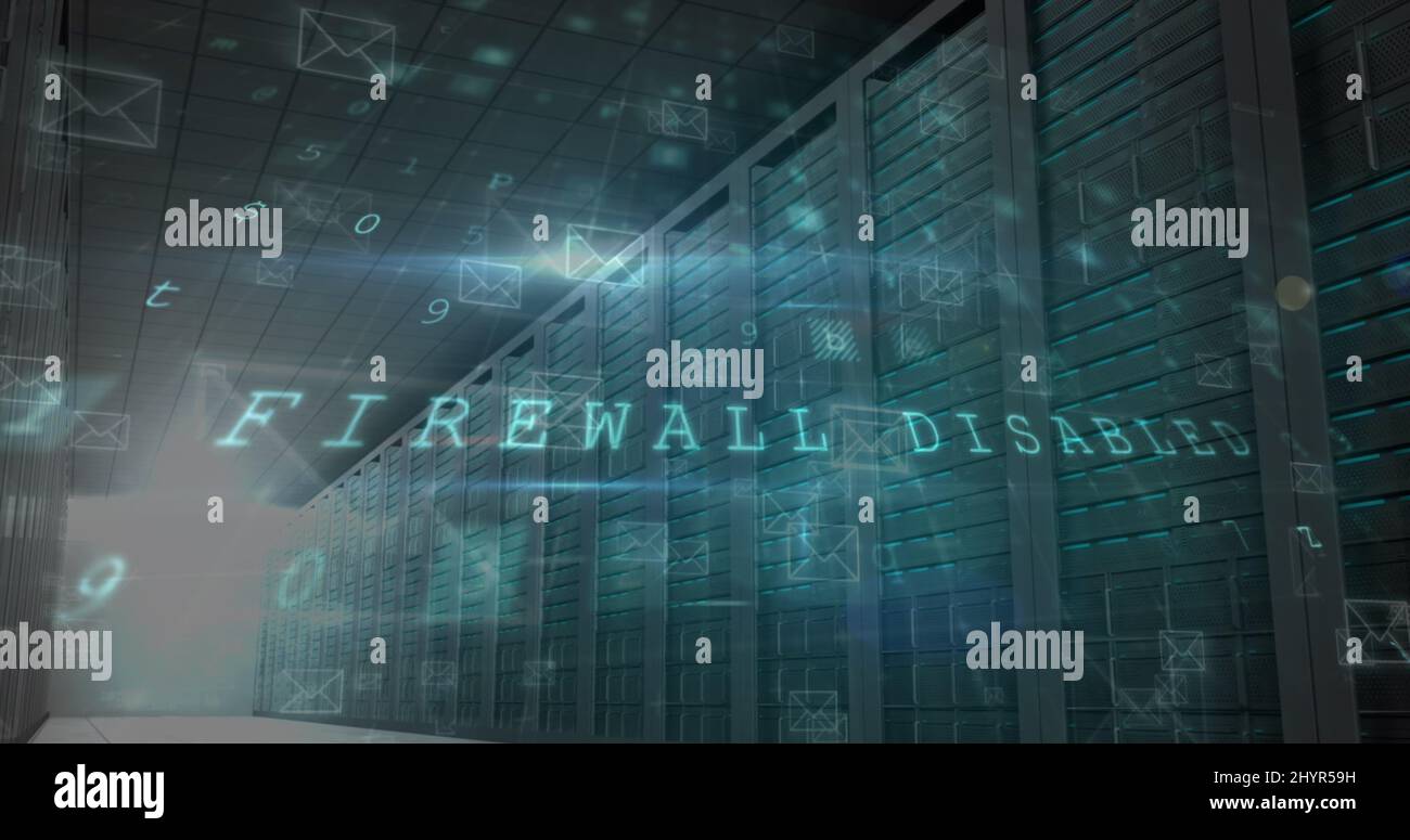 Image of cyber attack warning and envelope icons over server room Stock ...