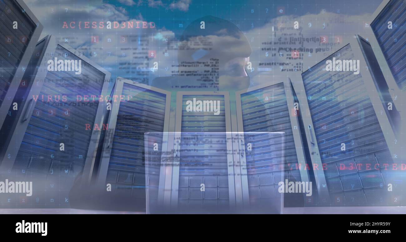 Image of cyber attack warning over hacker in server room Stock Photo - Alamy