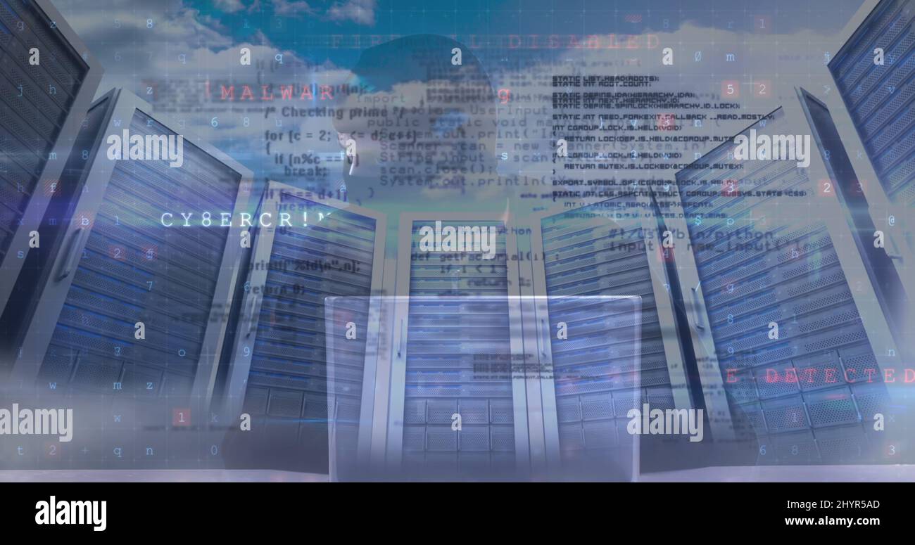 Image of cyber attack warning over hacker in server room Stock Photo ...