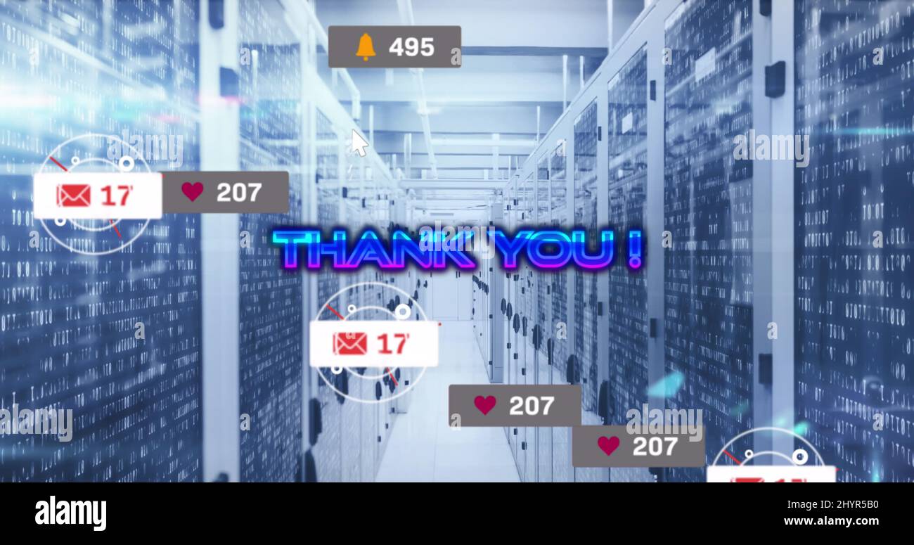 Image of thank you text and numbers growing over server room Stock ...