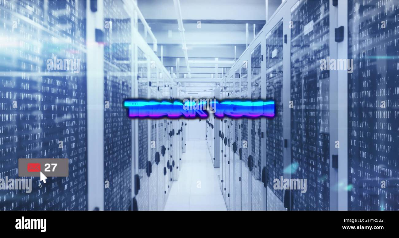 Image of thank you text and numbers growing over server room Stock ...