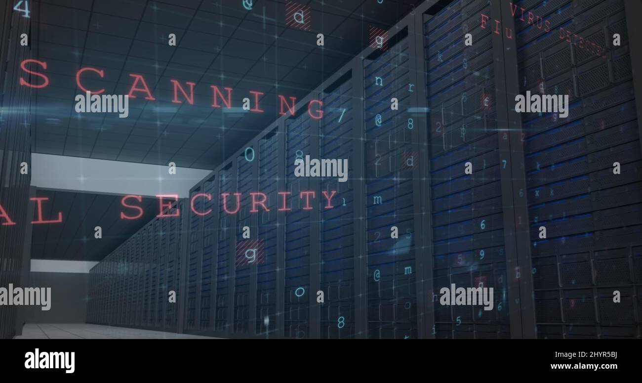 Image of cyber attack warning with letters and numbers over server room Stock Photo - Alamy