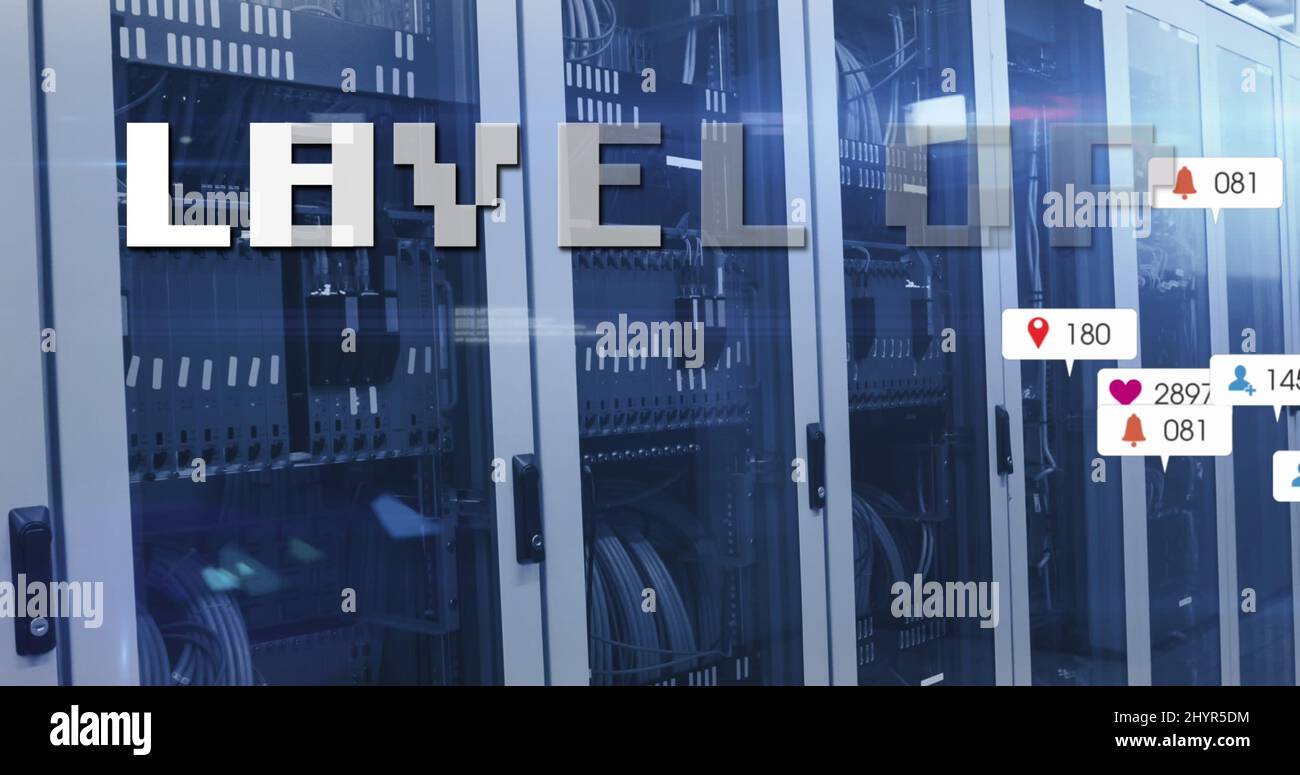 Image of level up text and social media icons and numbers over computer ...