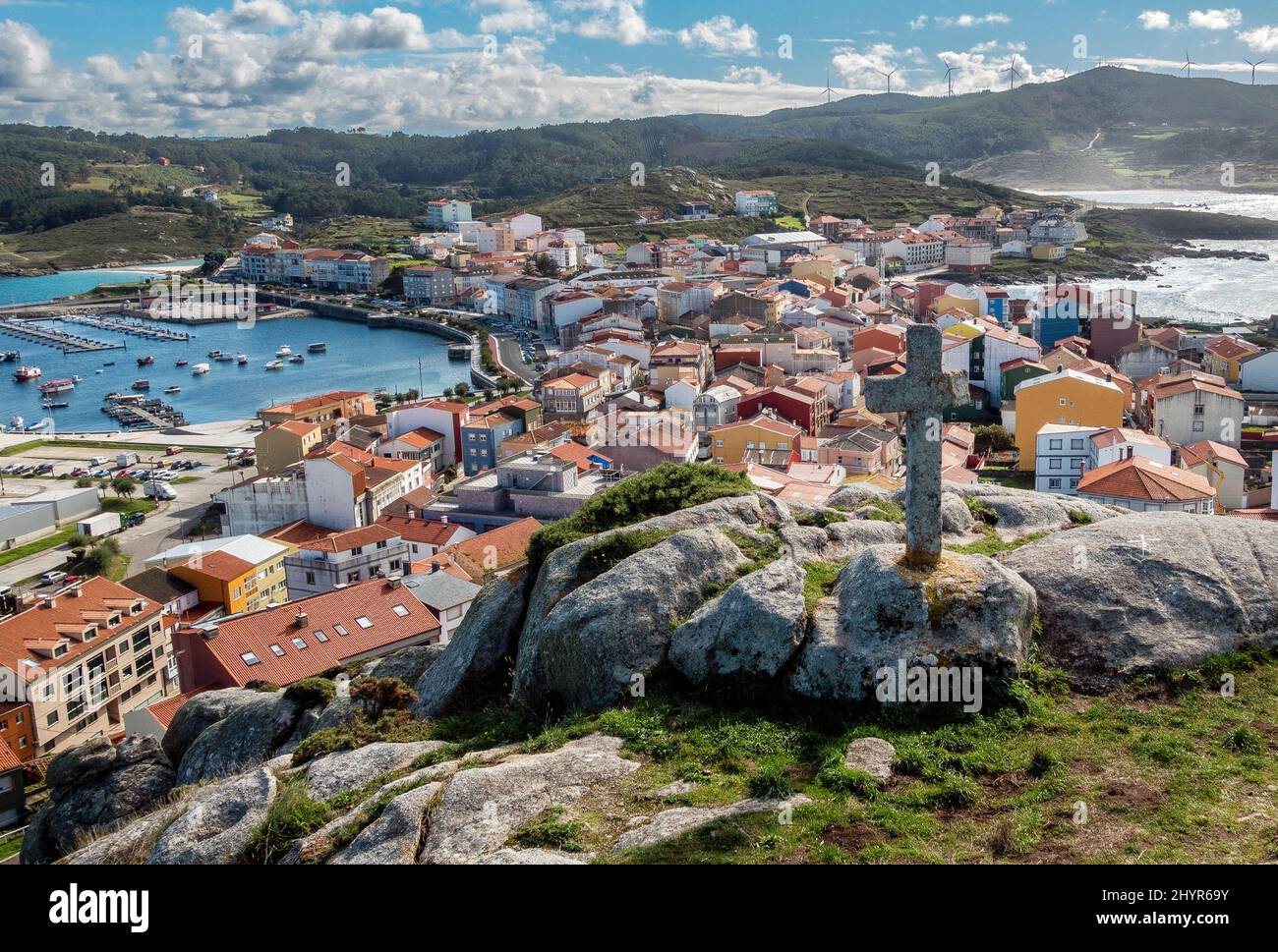 View across Muxia coastal town on the Camino De Santiago in the region ...