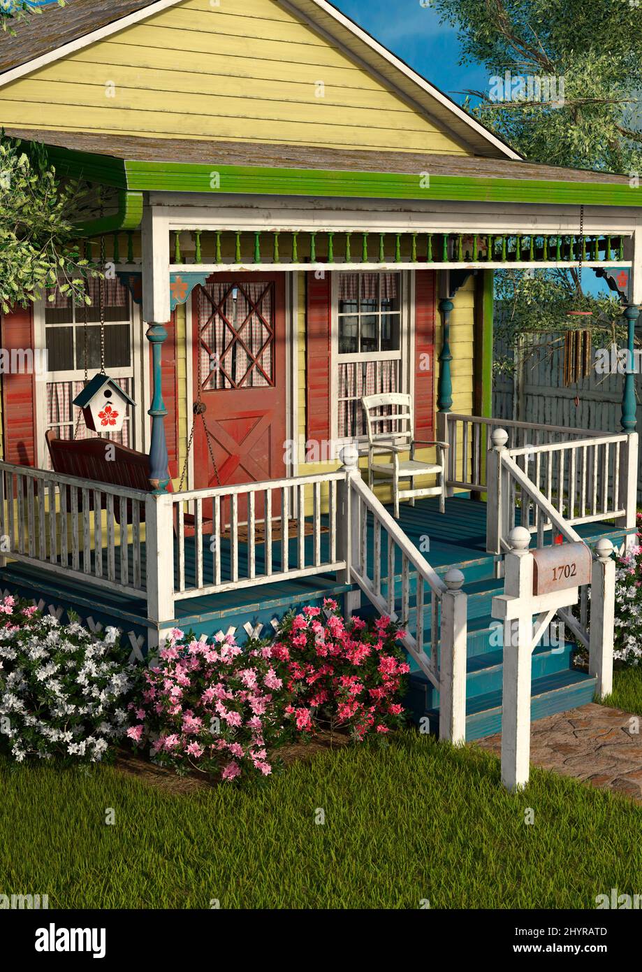 3D rendering of a cottage porch exterior Stock Photo - Alamy