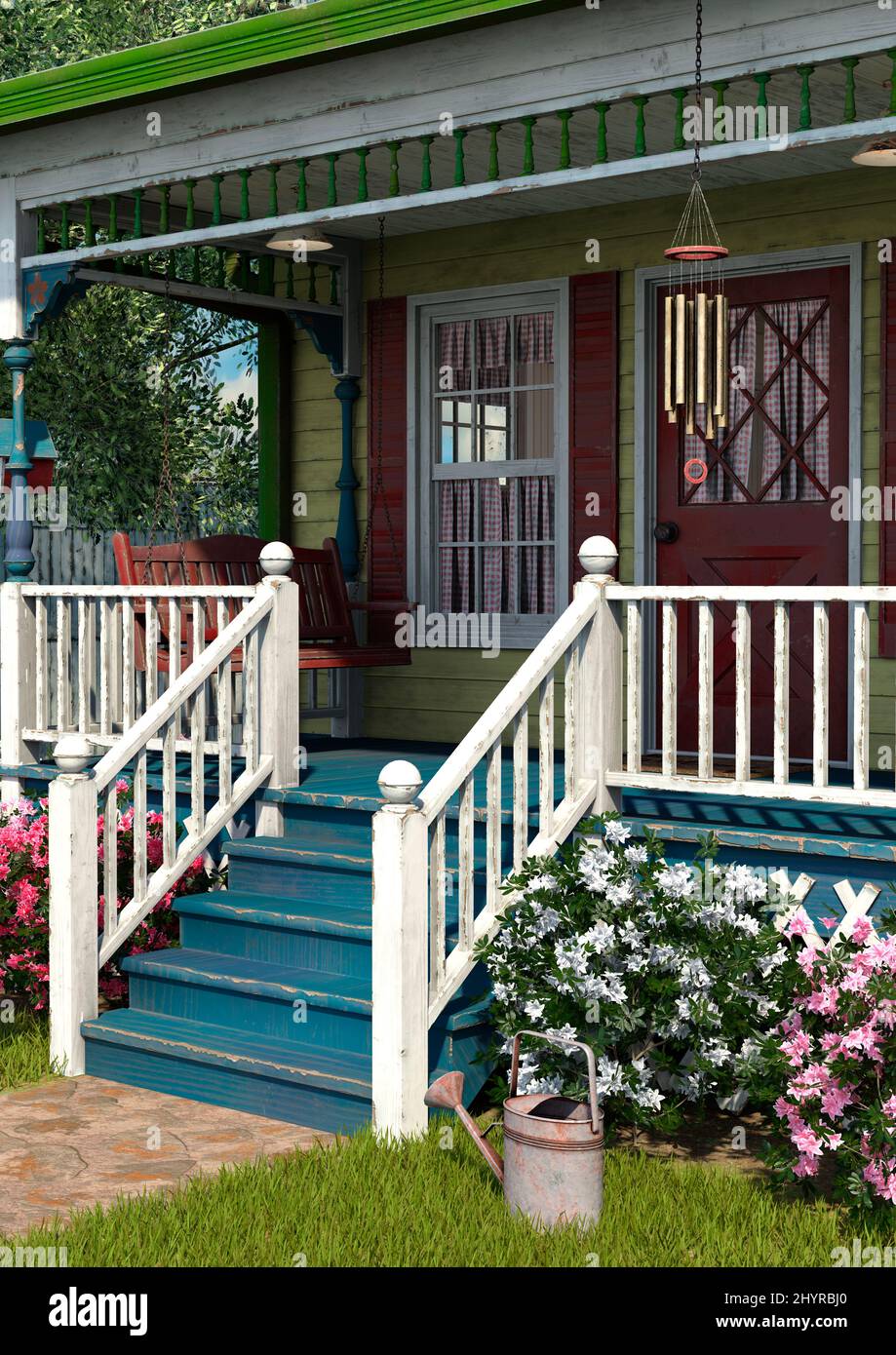 3D rendering of a cottage porch exterior Stock Photo - Alamy