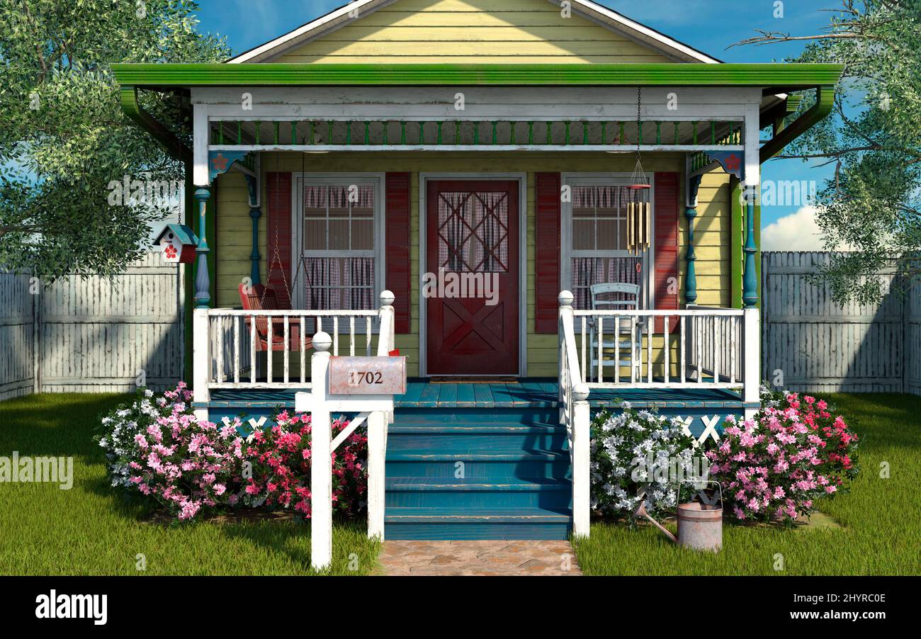 3D rendering of a cottage porch exterior Stock Photo - Alamy