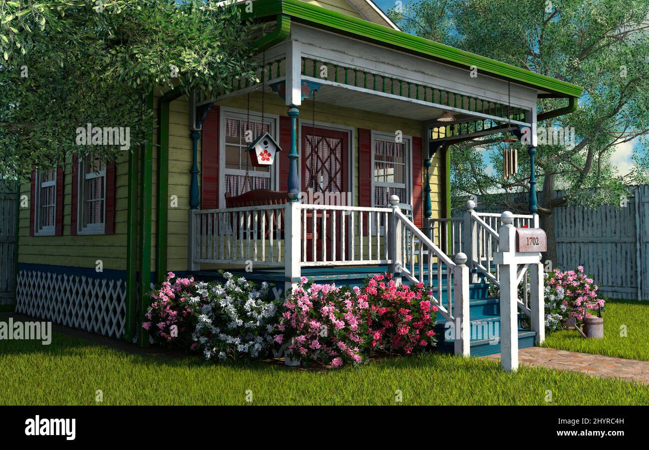 3D rendering of a cottage porch exterior Stock Photo - Alamy