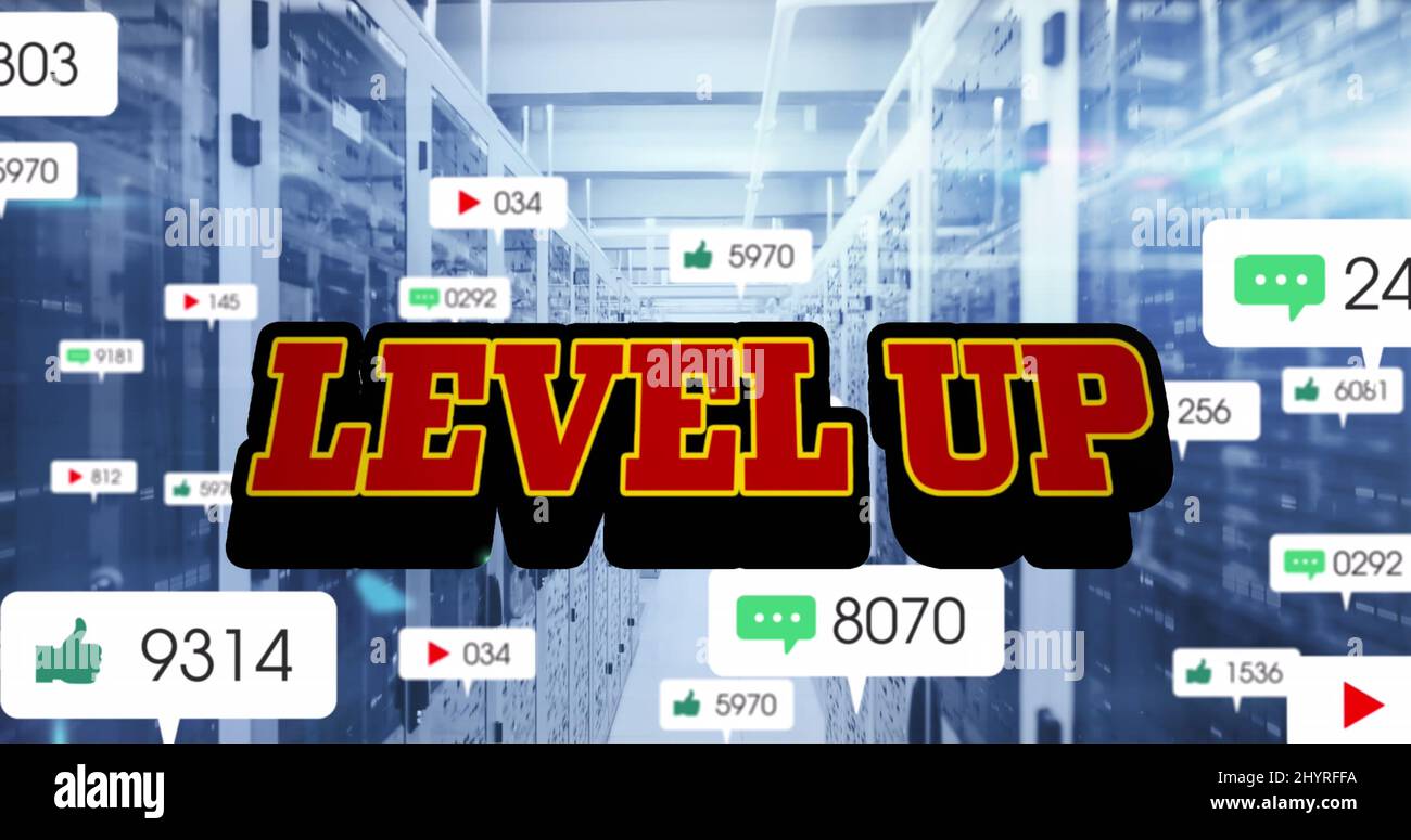 Image of level up text and numbers growing over server room Stock Photo ...