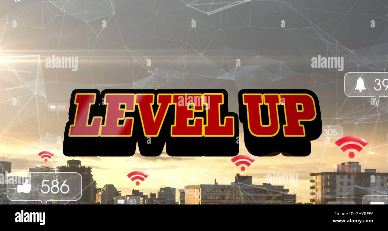 Image of level up text and numbers growing over cityscape Stock Photo ...